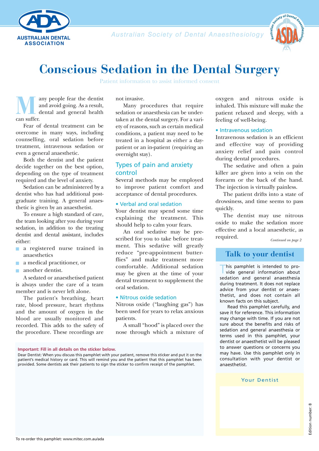 ADA Patient Education Pamphlets for Dentists | Mi-tec Medical Publishing