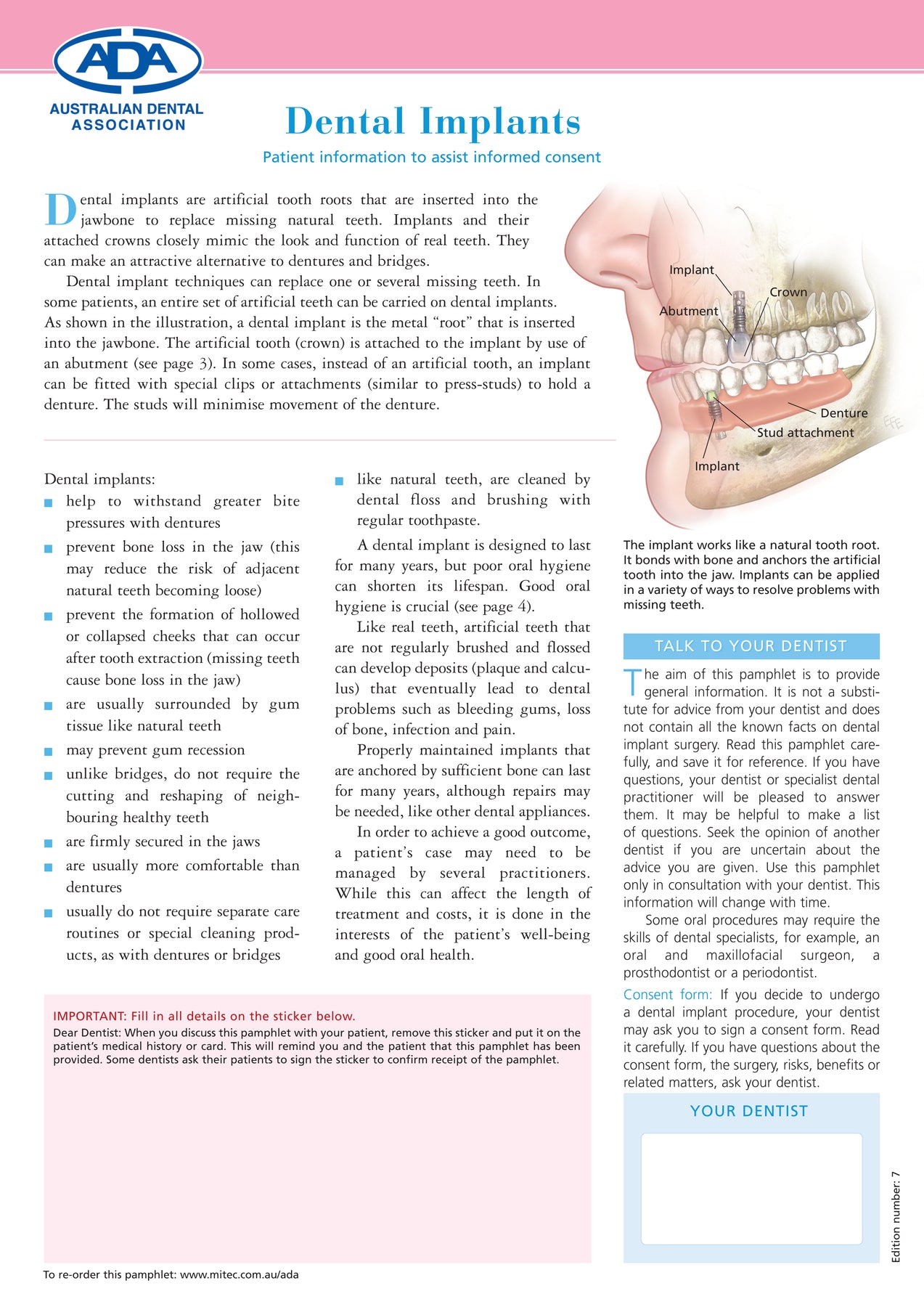 ADA Patient Education Pamphlets for Dentists | Mi-tec Medical Publishing